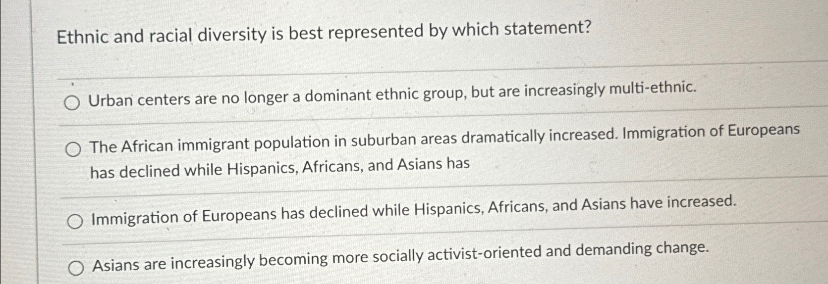 Solved Ethnic and racial diversity is best represented by | Chegg.com