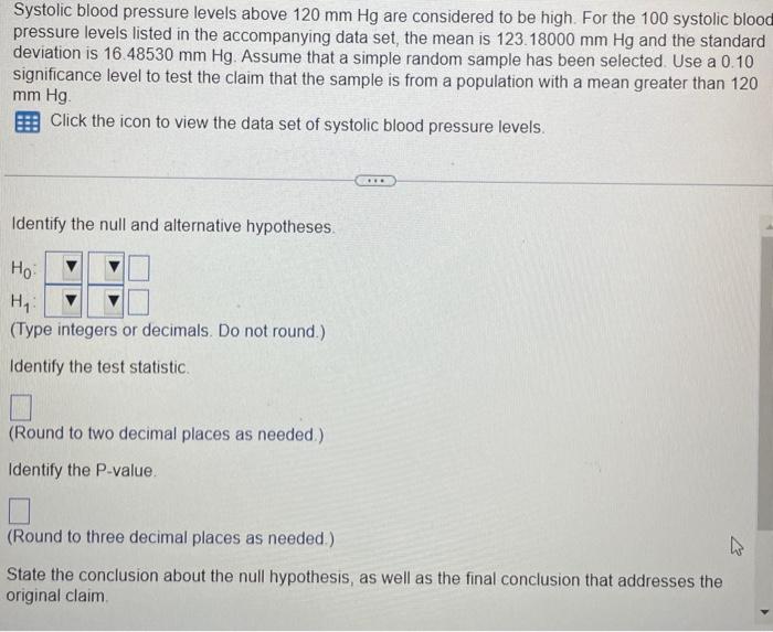 Solved Systolic blood pressure levels above 120 mmHg are | Chegg.com