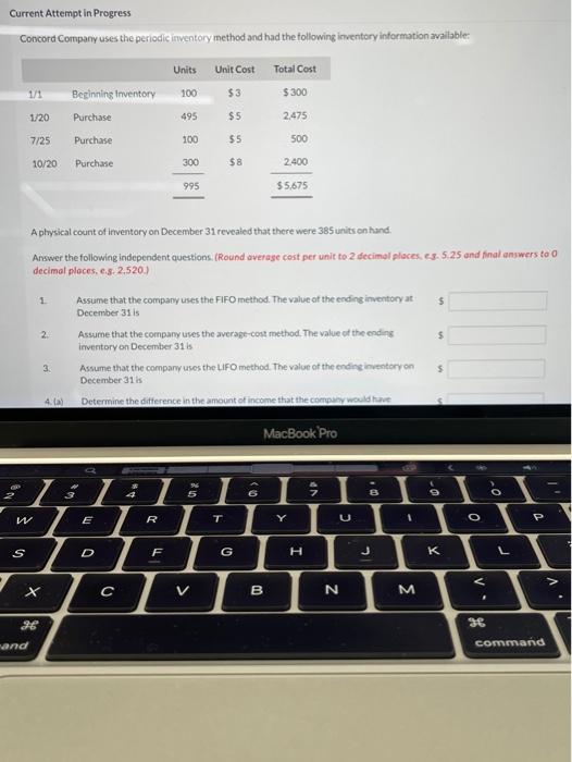 Solved Current Attempt in Progress Concord Company uses the | Chegg.com