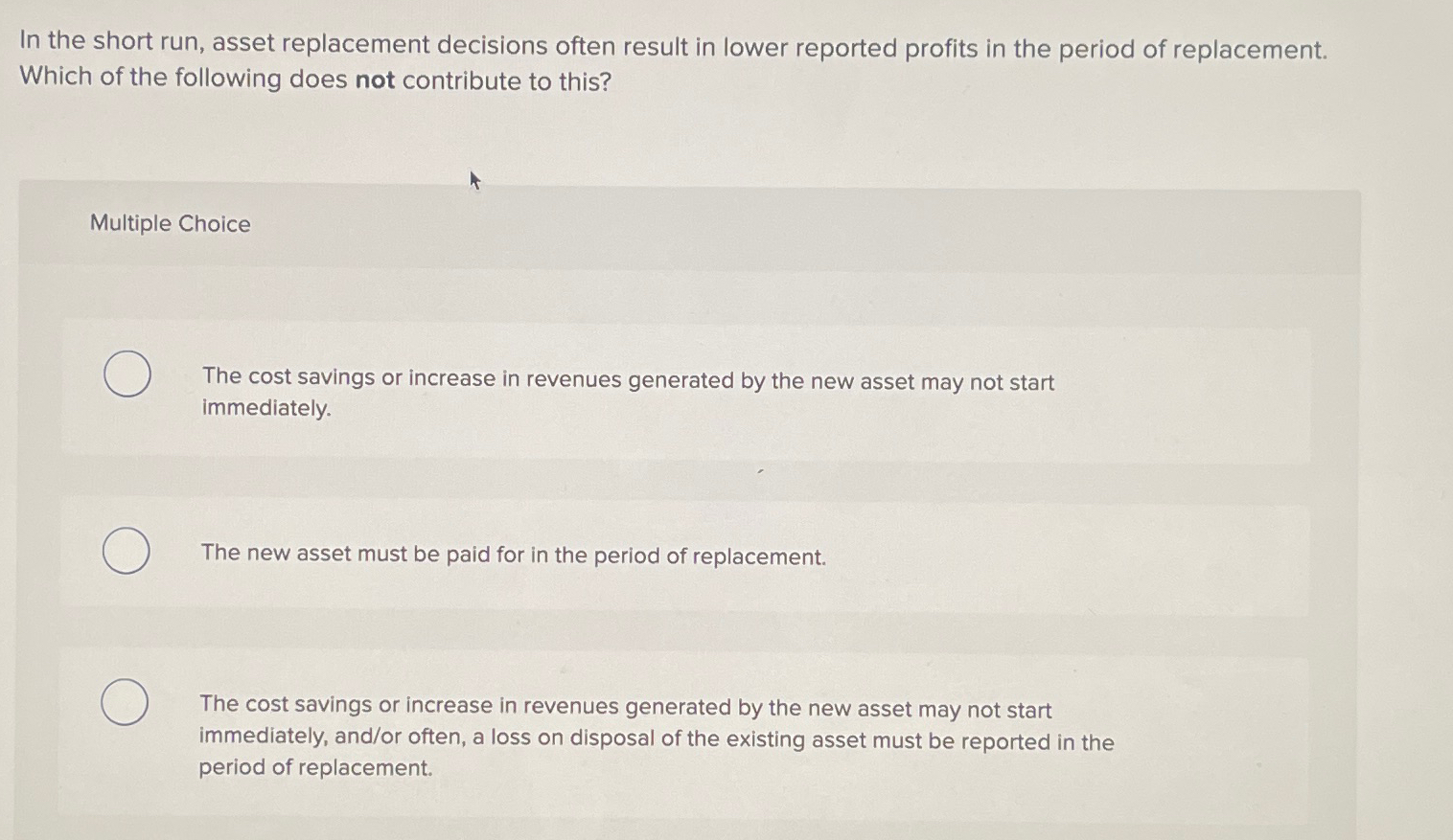 Solved In the short run, asset replacement decisions often | Chegg.com