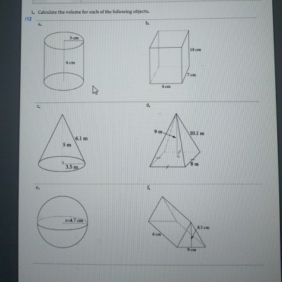 Solved Calculate the volume for each of the fullowing | Chegg.com