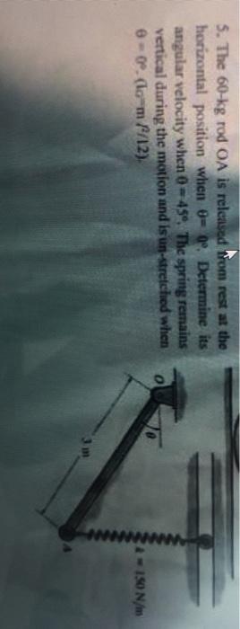 Solved 5. The 60-kg rod OA is released from rest at the | Chegg.com