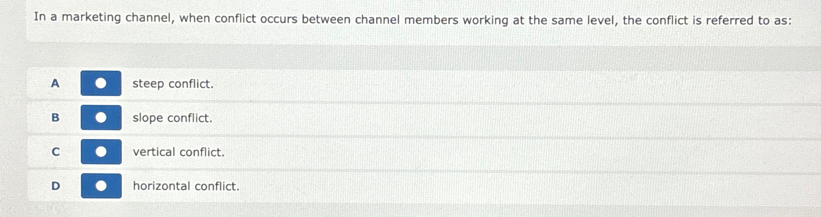 Solved In a marketing channel, when conflict occurs between | Chegg.com
