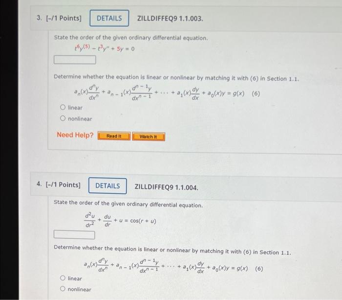 Solved State The Order Of The Given Ordinary Differential