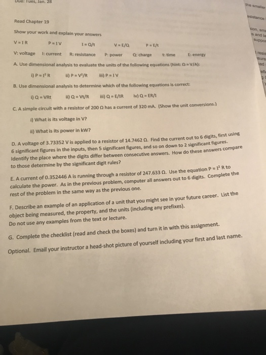 Solved Due: lues, Jan. 28 Read Chapter 19 Show your work and | Chegg.com