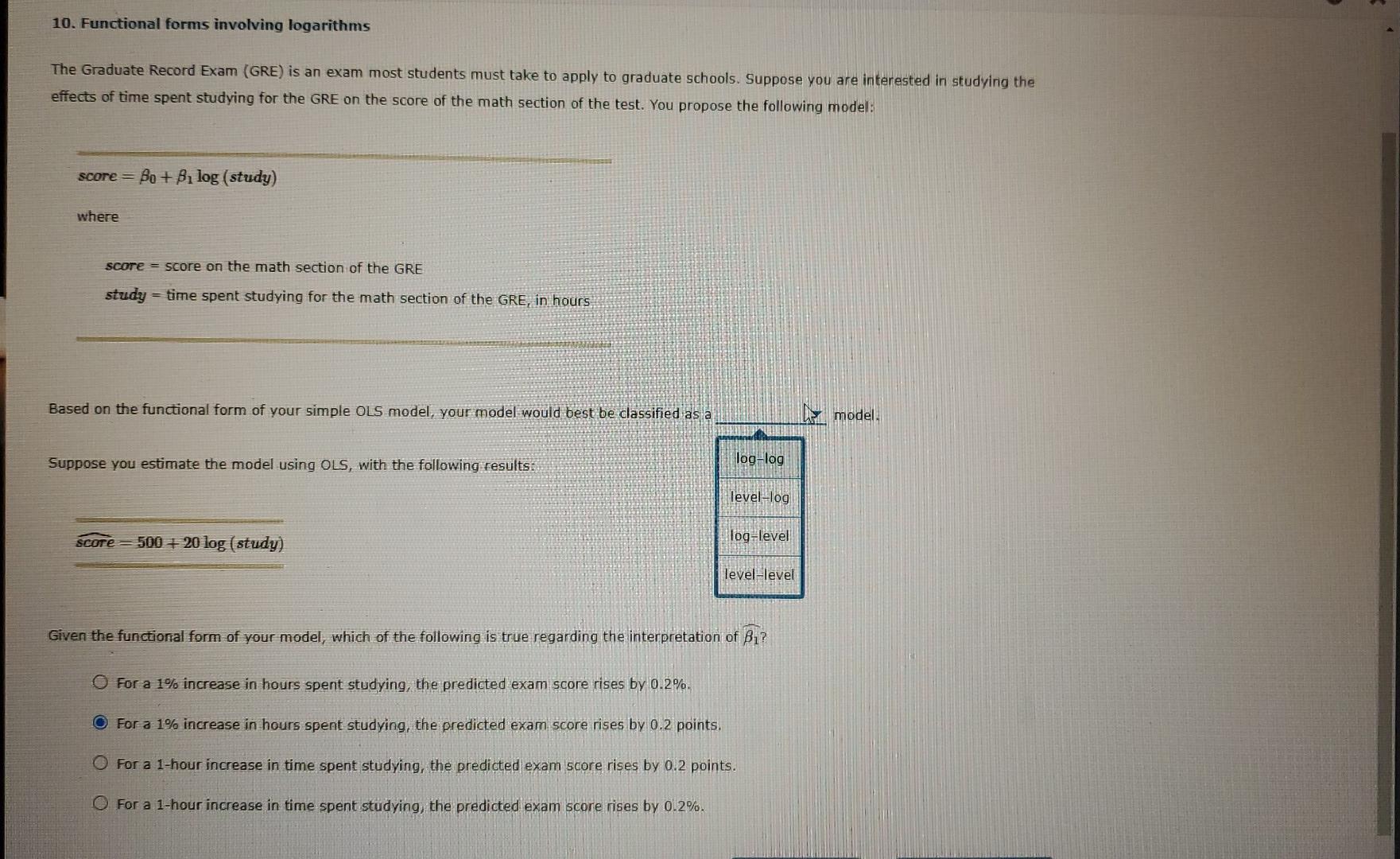 Solved 10. Functional forms involving logarithms The | Chegg.com