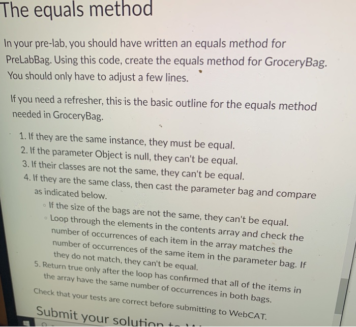 The equals method In your pre-lab, you should have | Chegg.com