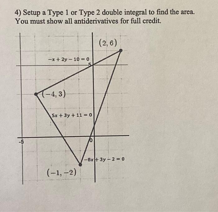 Solved 4) Setup a Type 1 or Type 2 double integral to find | Chegg.com