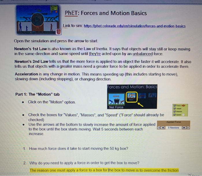 PhET: Forces and Motion Basics Link to sim: | Chegg.com