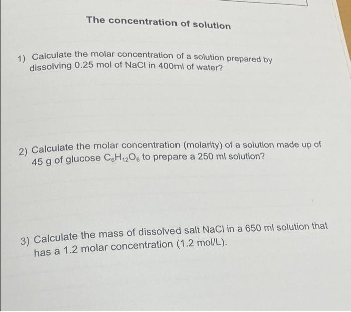 Solved The concentration of solution 1) Calculate the molar | Chegg.com