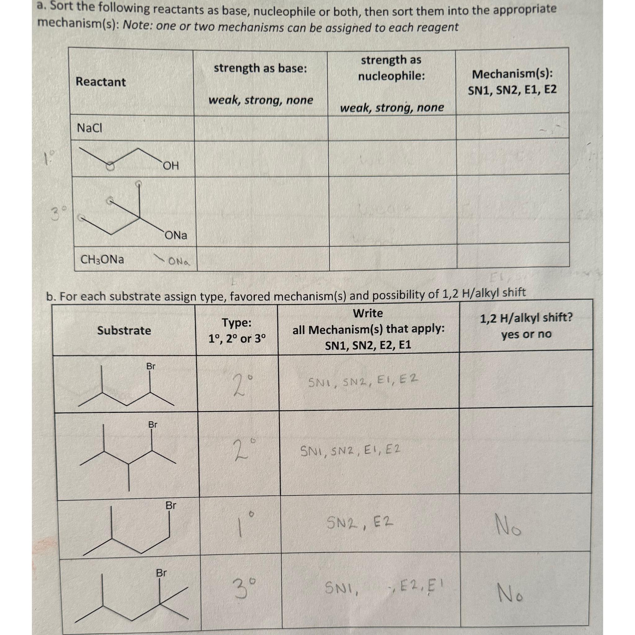 Solved a. ﻿Sort the following reactants as base, nucleophile | Chegg.com