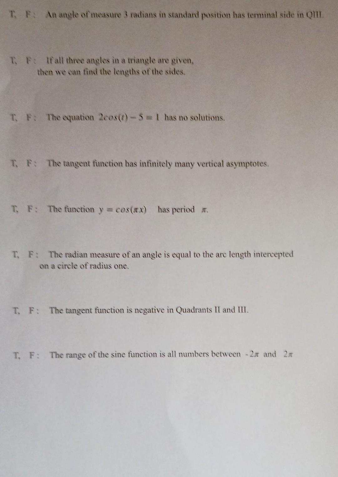 Solved 1. I. For any triangle, a2=a2+b2−2abcos(C) T. 1) For | Chegg.com