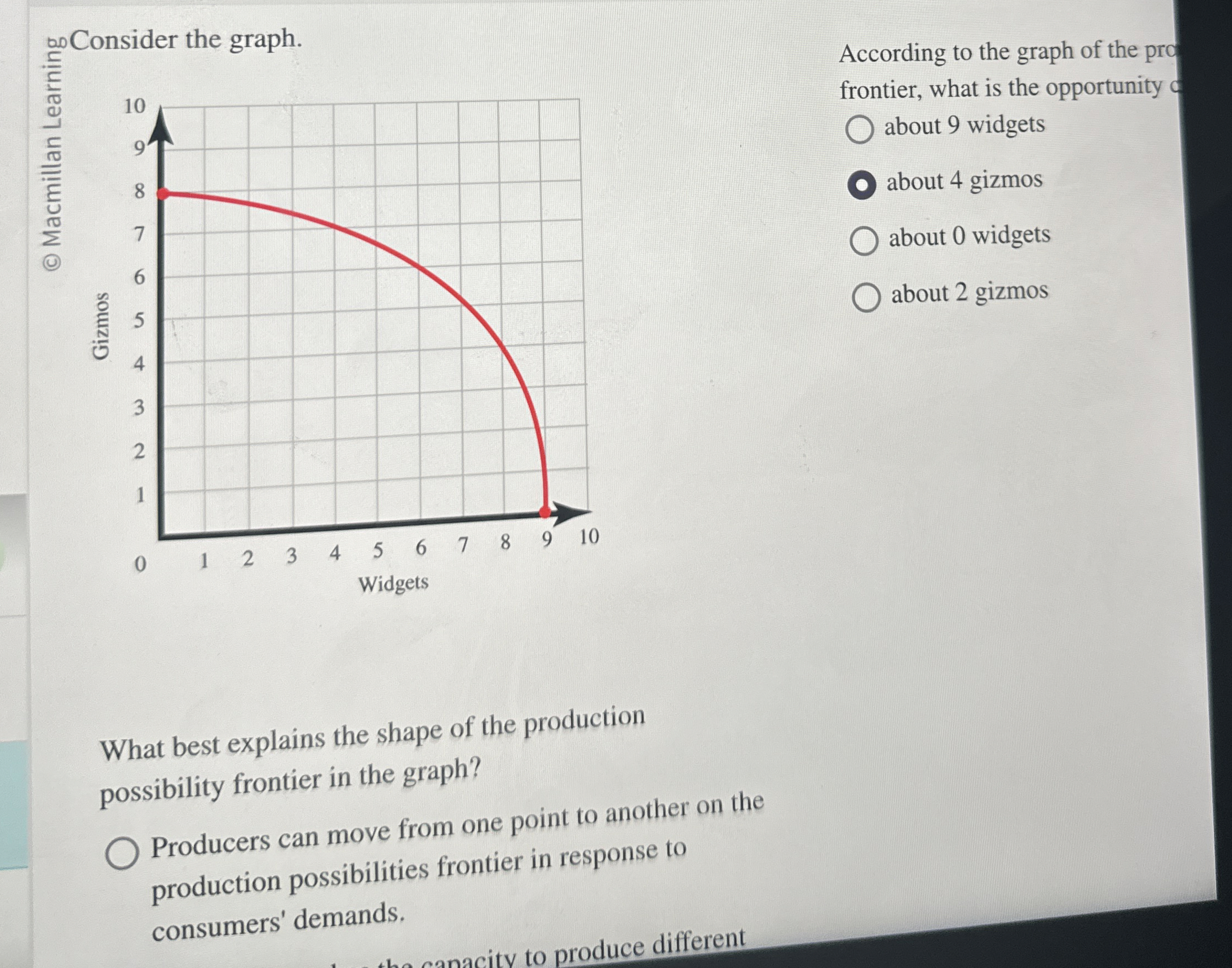 Solved According to the graph of the pro frontier, what is | Chegg.com