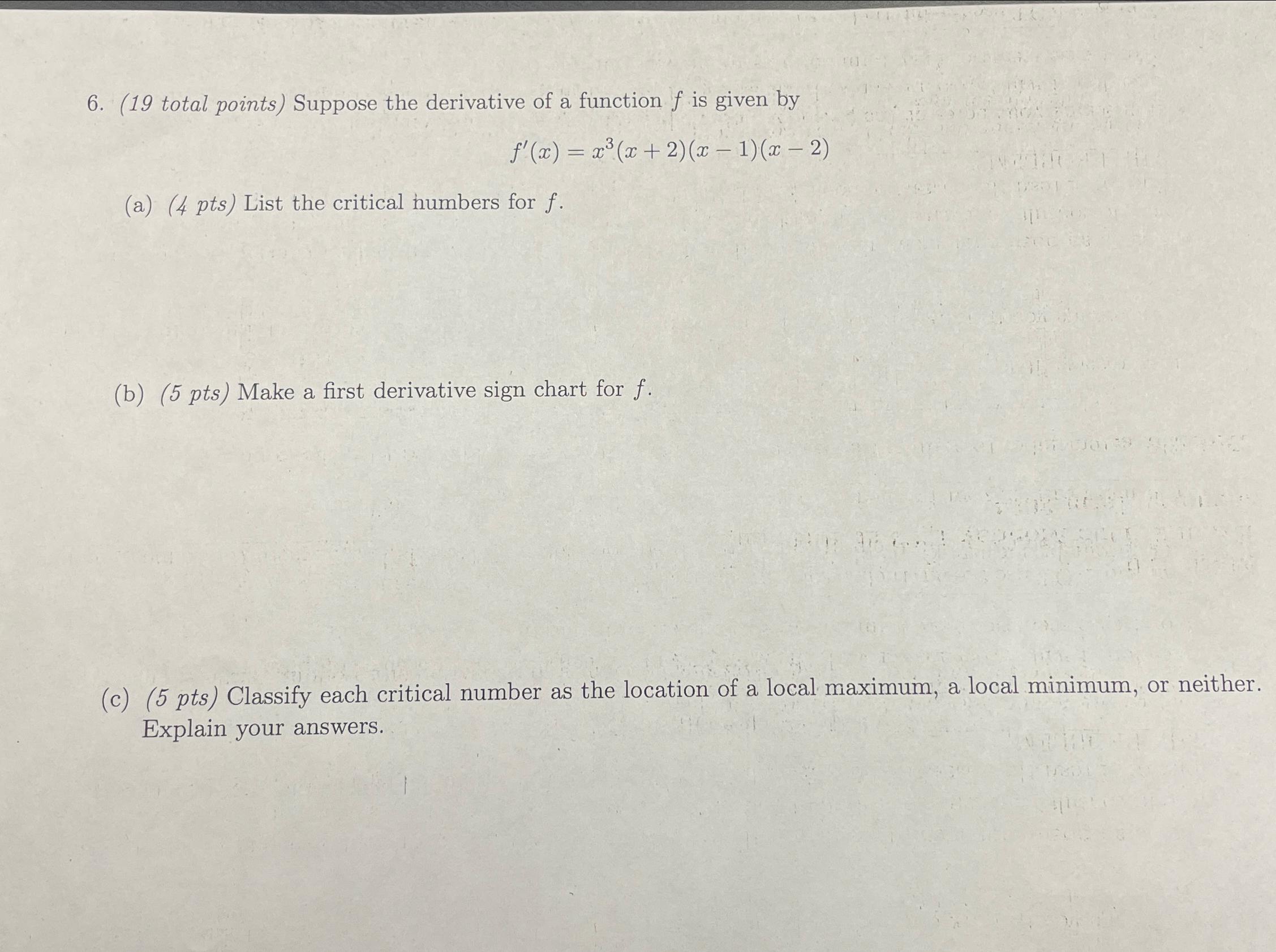 Solved (19 ﻿total points) ﻿Suppose the derivative of a | Chegg.com