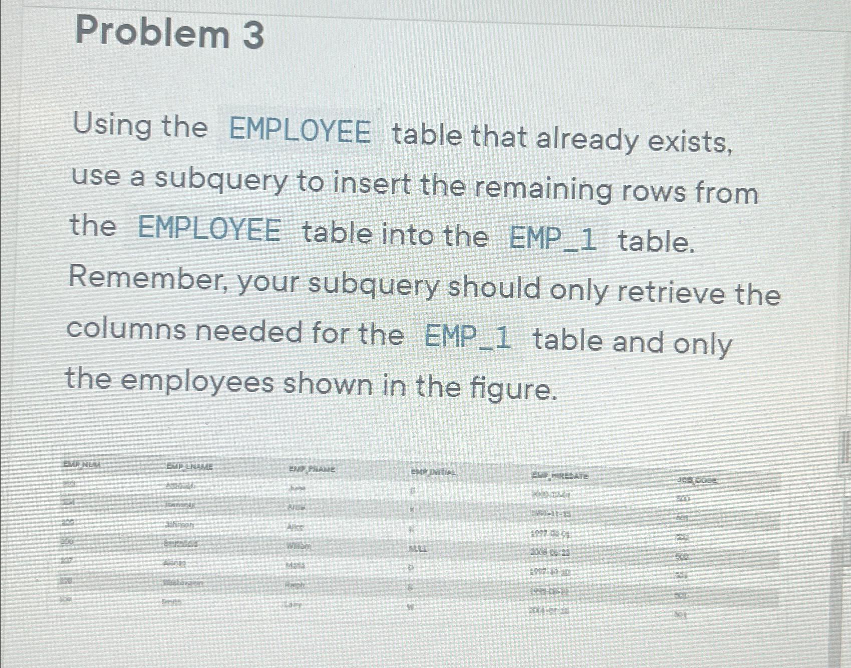 Solved Problem 3Using the EMPLOYEE table that already | Chegg.com