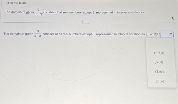 Solved The domain of g(x)=x−33 consists of all real numbers | Chegg.com