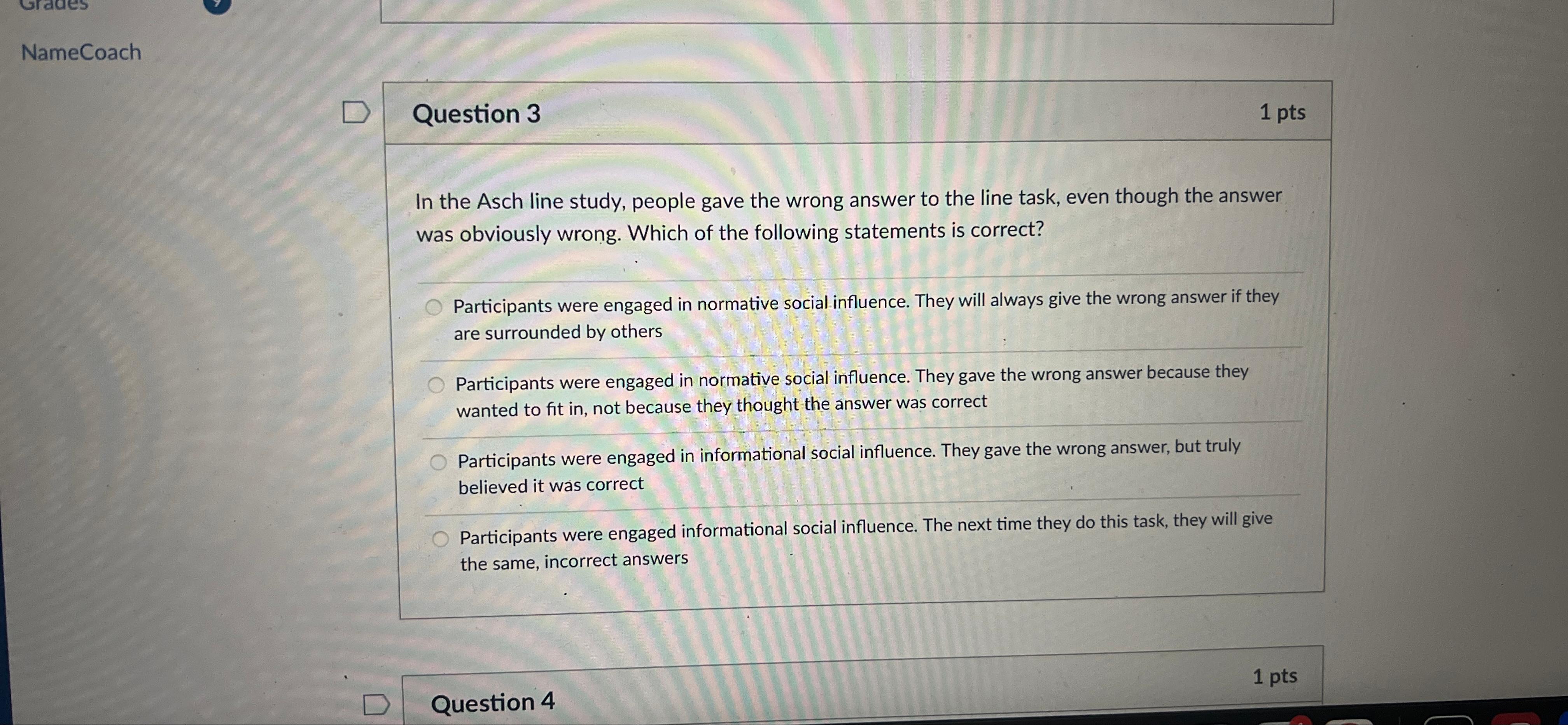 Solved NameCoachQuestion 31 ﻿ptsIn the Asch line study, | Chegg.com