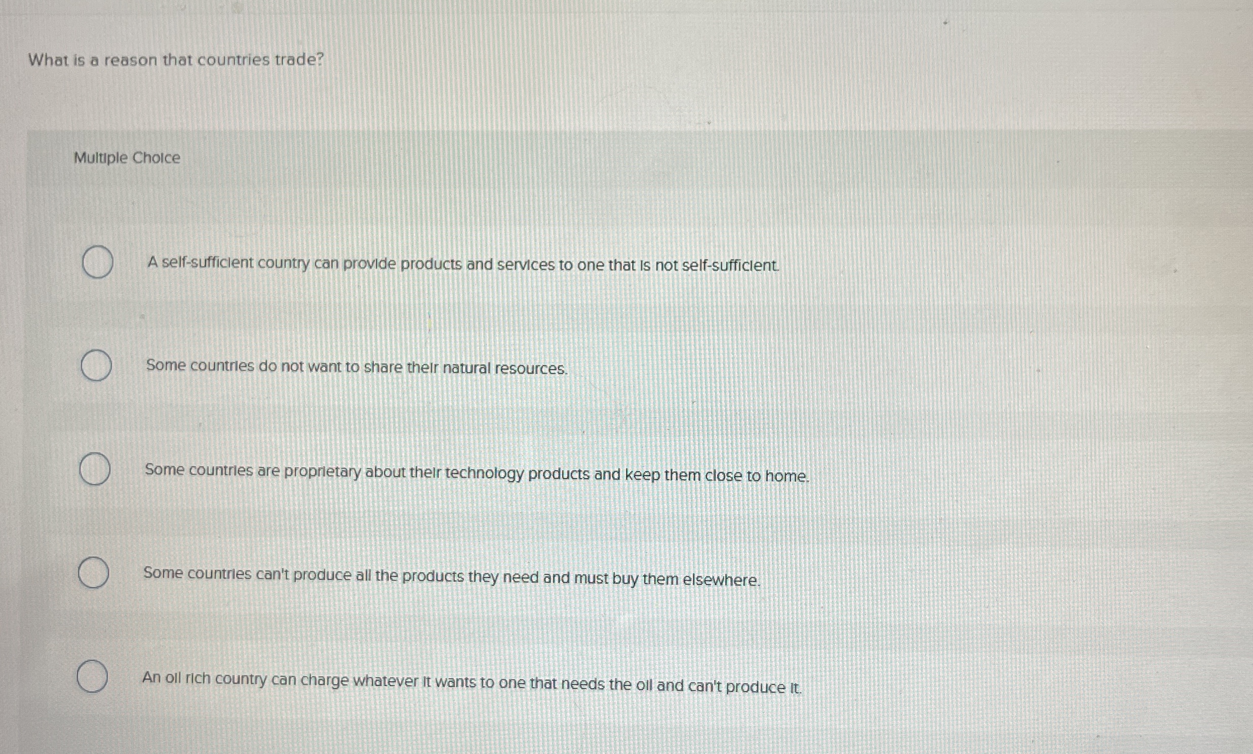 Solved What is a reason that countries trade?Multiple | Chegg.com