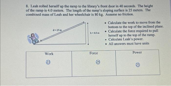 Solved 8. Leah rolled herself up the ramp to the library's | Chegg.com