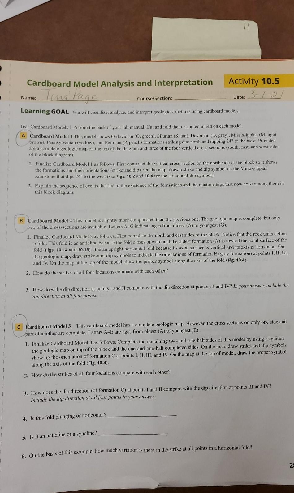 Cardboard Model Analysis and Interpretation Activity | Chegg.com