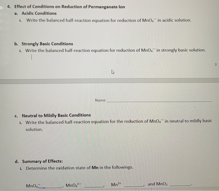 Solved 4. Effect of Conditions on Reduction of Permanganate | Chegg.com