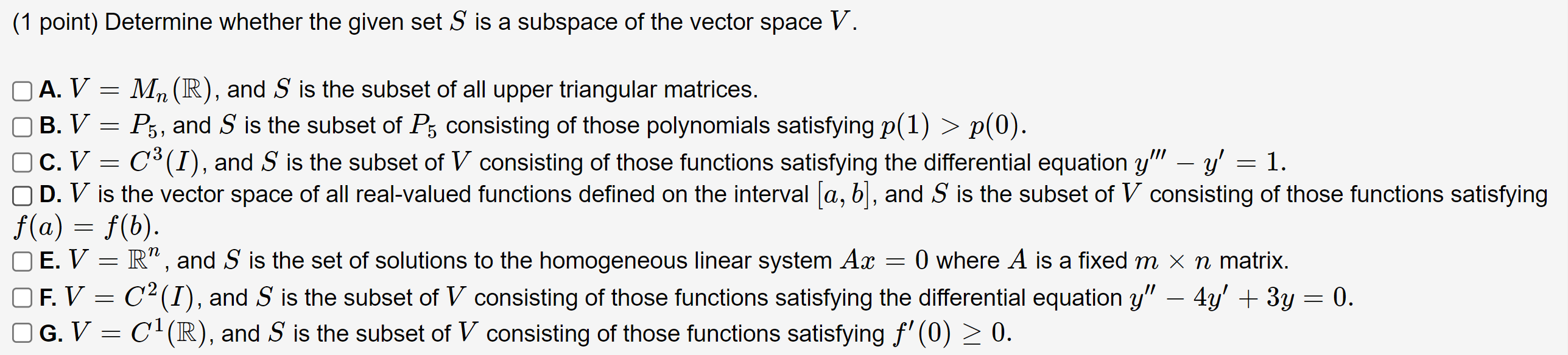 Solved (1 ﻿point) ﻿Determine whether the given set S ﻿is a | Chegg.com