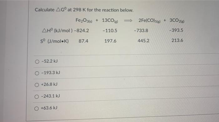 Solved Calculate G0 at 298 K for the reaction below. −52.2 | Chegg.com
