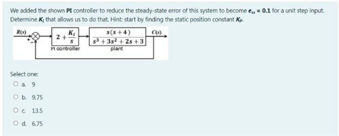 Solved We added the shown PI controller to reduce the | Chegg.com