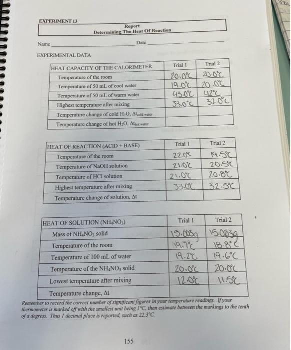 Solved EXPERIMENT 13 Report Determining The Heat Of Reaction | Chegg.com