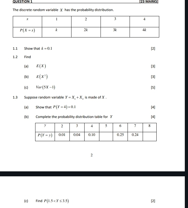 Solved QUESTION 1[23 ﻿MARKS]The discrete random variable x | Chegg.com