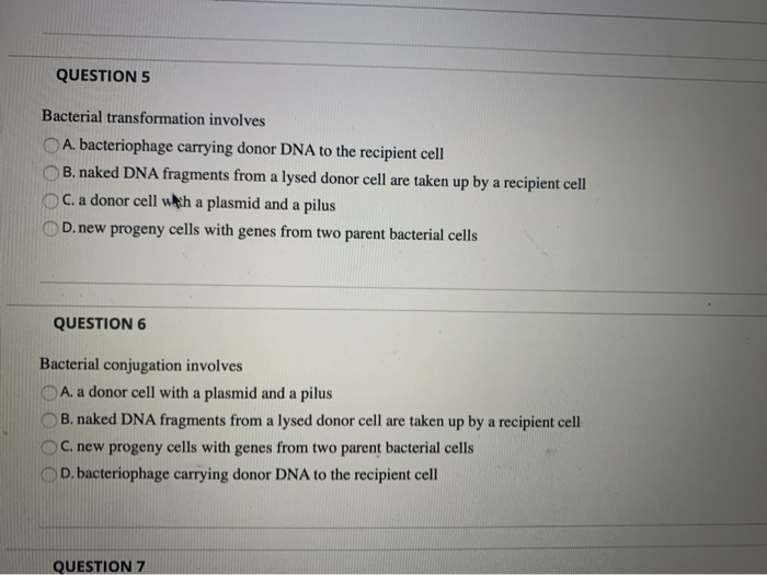 Solved QUESTION 5 Bacterial transformation involves A. | Chegg.com