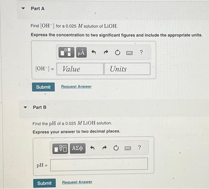 Solved Find [OH−]for a 0.025M solution of LiOH. Express the | Chegg.com