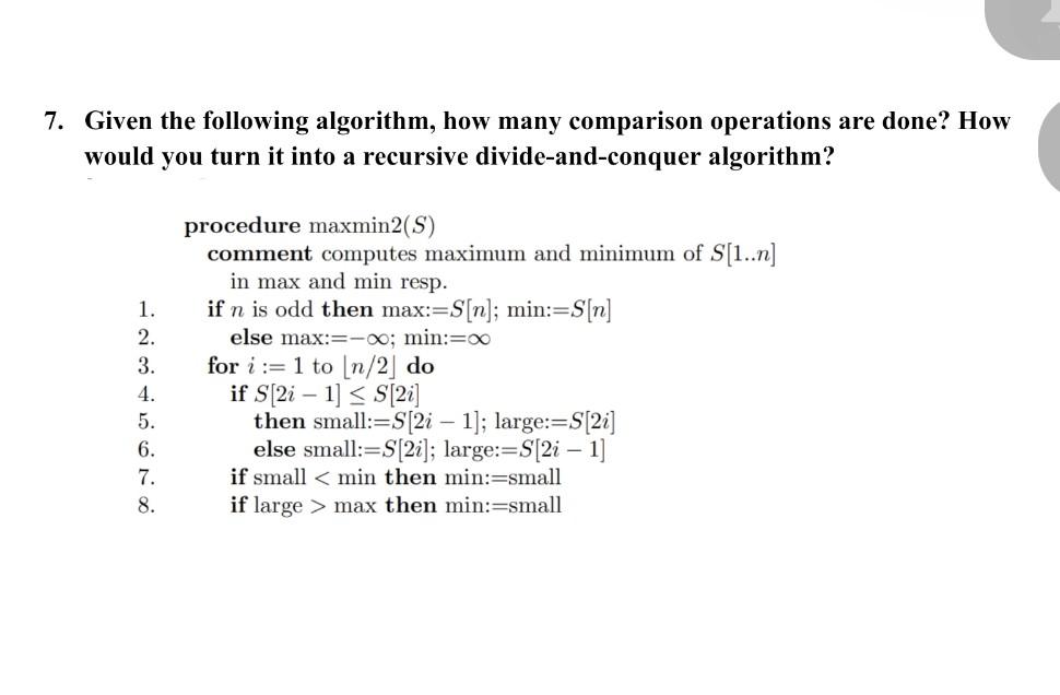 7. Given the following algorithm, how many comparison | Chegg.com