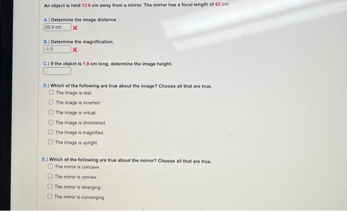 Solved A.) Determine the image distance. B.) Determine the | Chegg.com