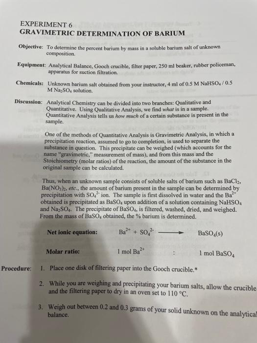 Solved EXPERIMENT 6 GRAVIMETRIC DETERMINATION OF BARIUM | Chegg.com