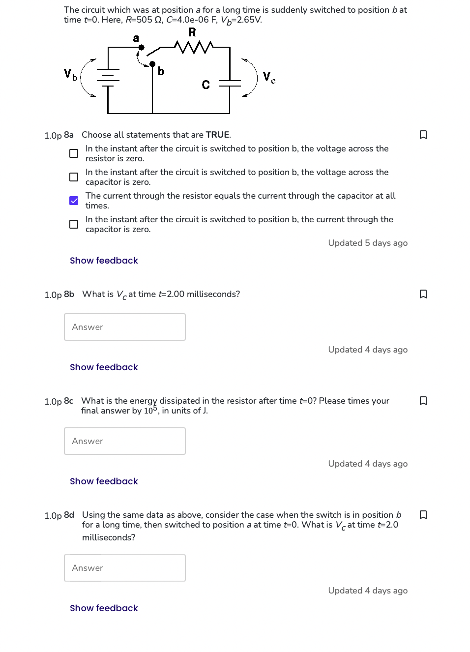 Solved The circuit which was at position a for a long time | Chegg.com