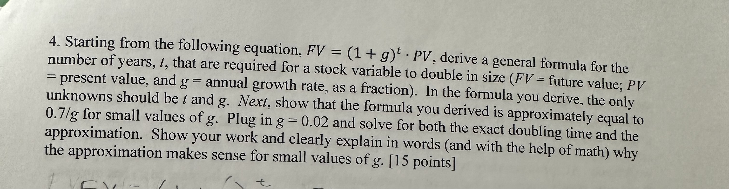 Solved Starting from the following equation, FV=(1+g)t*PV, | Chegg.com