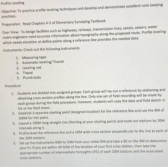 Profile Leveling Objective: To practice profile | Chegg.com