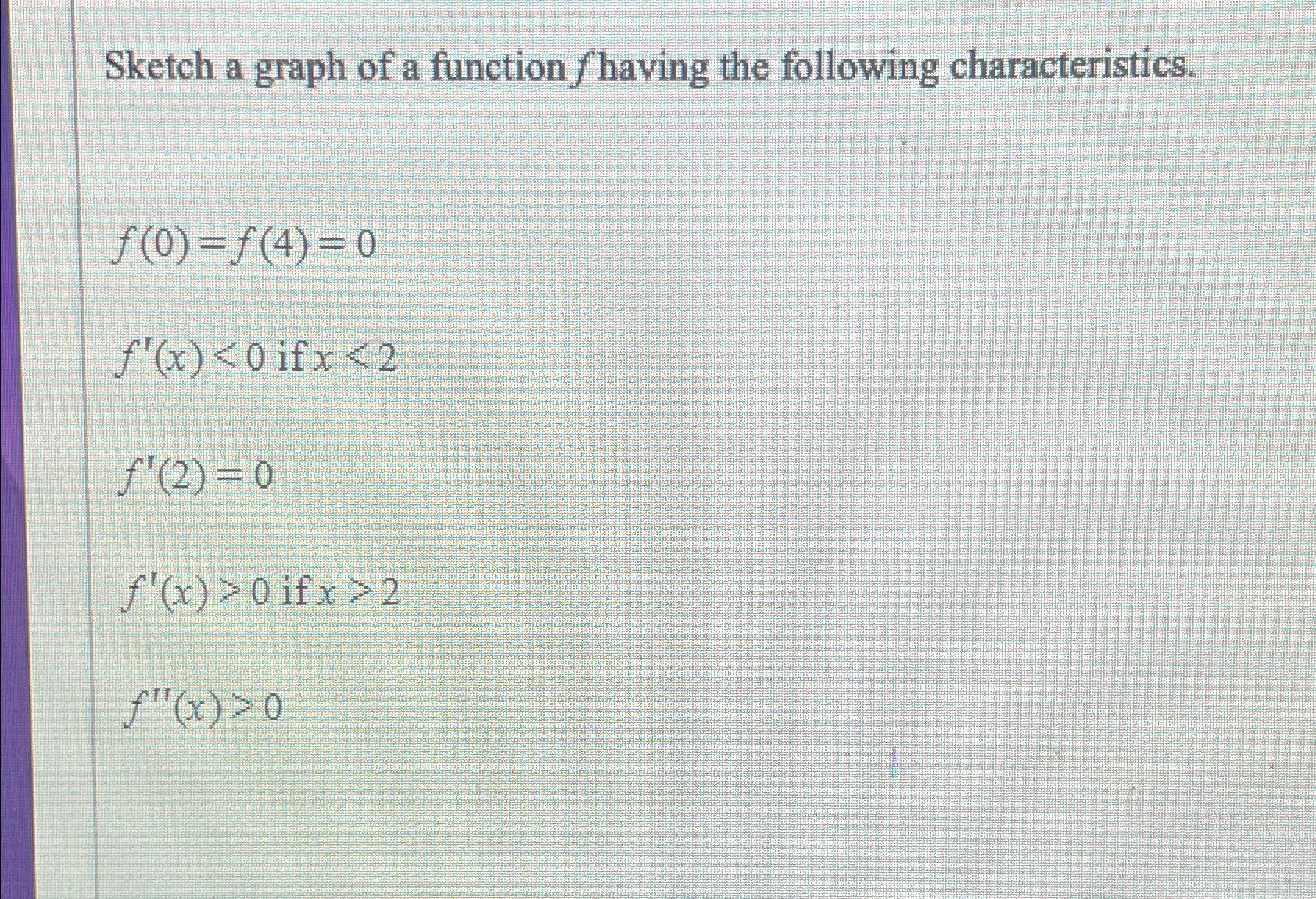 Solved Sketch a graph of a function f ﻿having the following | Chegg.com