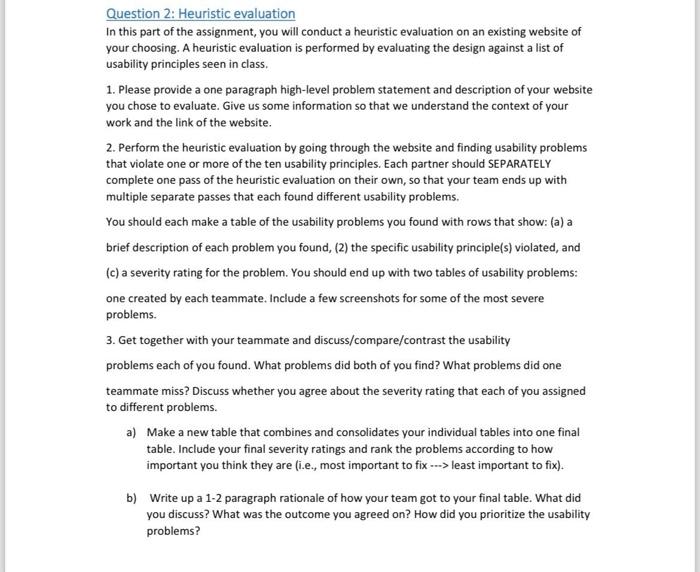 Solved Question 2: Heuristic evaluation In this part of the | Chegg.com