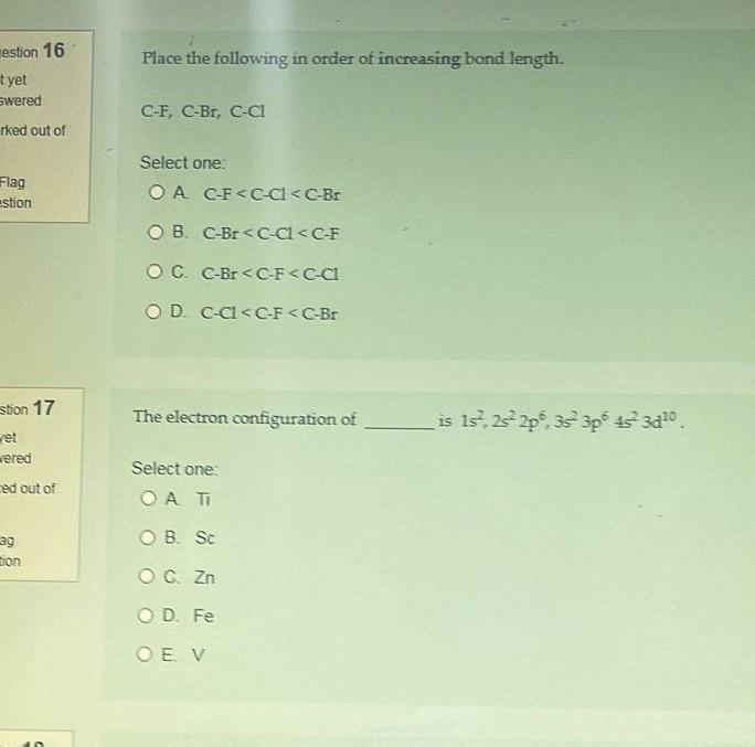Solved Testion 16 Place the following in order of increasing | Chegg.com