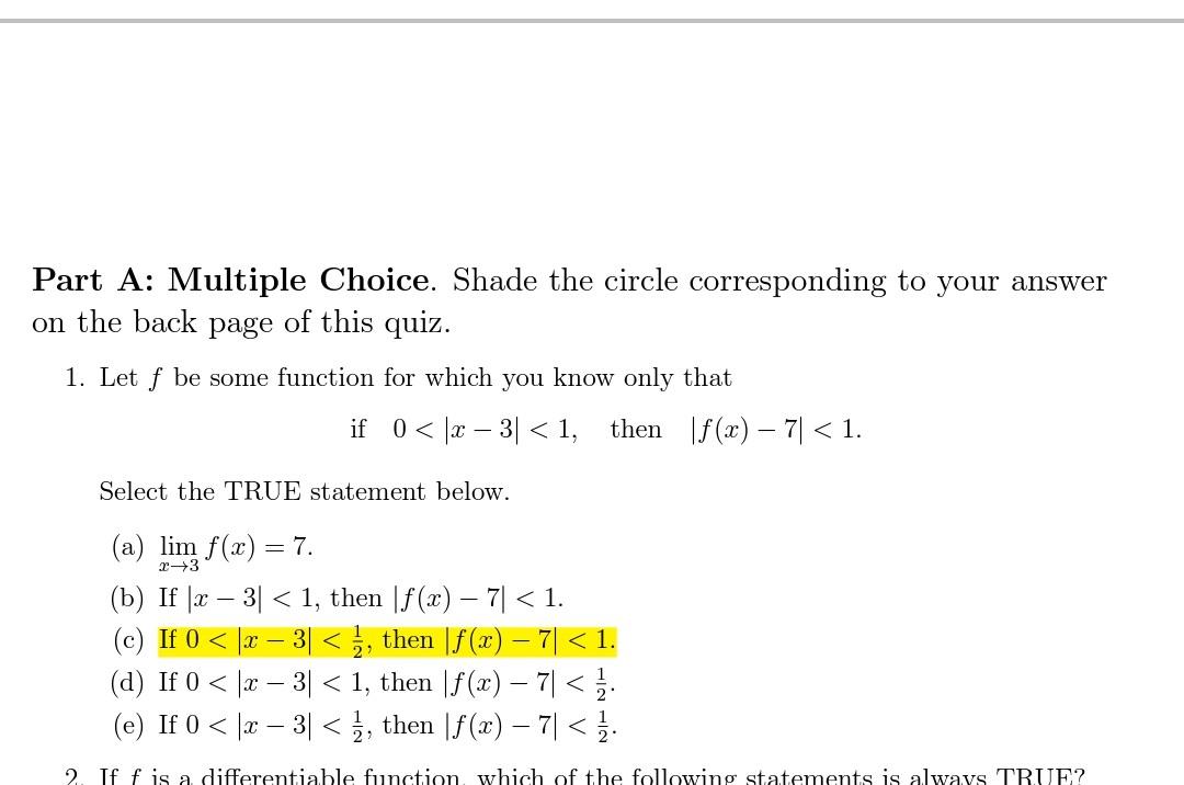 Solved Part A: Multiple Choice. Shade the circle | Chegg.com