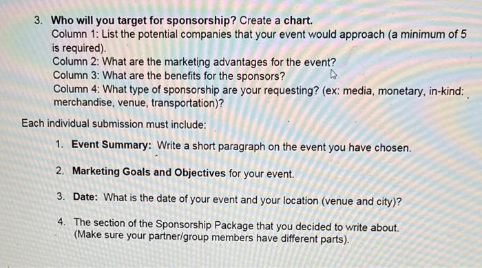Solved 3. Who will you target for sponsorship? Create a | Chegg.com