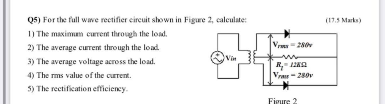 Solved (17.5 Marks) Vrms = 280v Q5) For the full wave | Chegg.com