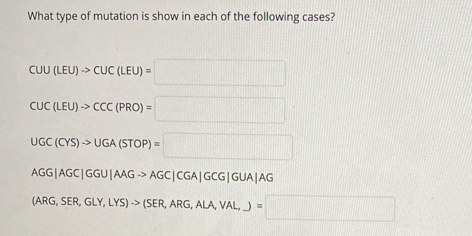 Solved What type of mutation is show in each of the | Chegg.com