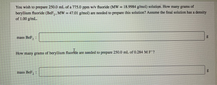 Solved You wish to prepare 250.0 mL of a 775.0 ppm w/v | Chegg.com