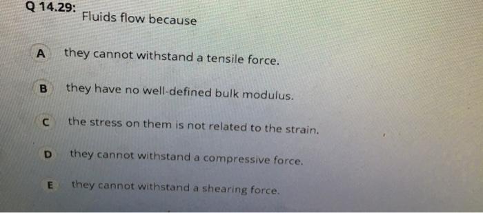 Solved Q 14.29: Fluids flow because А they cannot withstand | Chegg.com