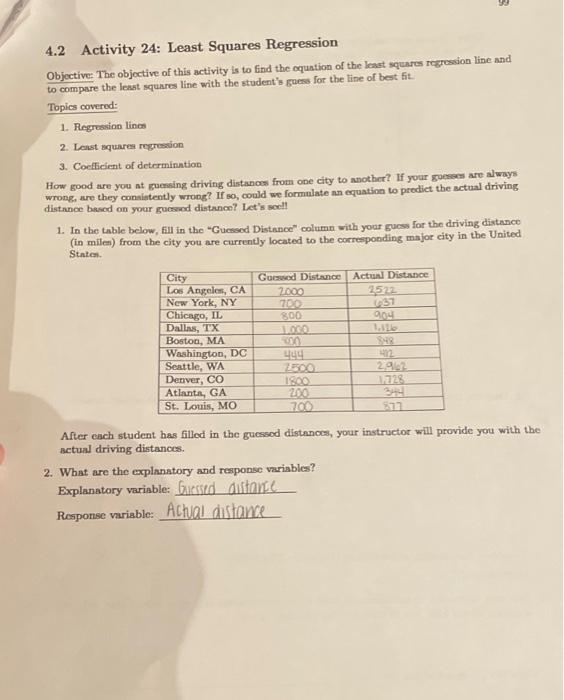 Solved 4.2 Activity 24: Least Squares Regression Objective: | Chegg.com