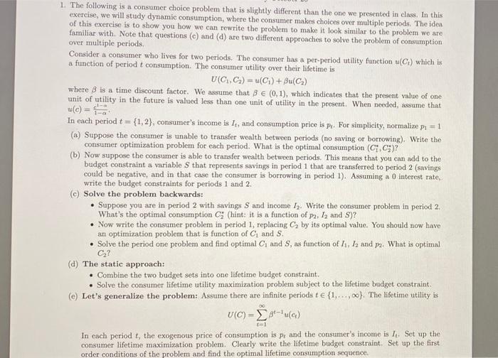 1. The following is a consumer choice problem that is | Chegg.com
