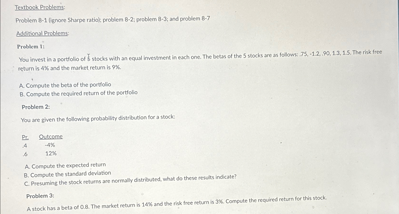 Solved Textbook Problems:Problem 8-1 (ignore Sharpe ratio); | Chegg.com